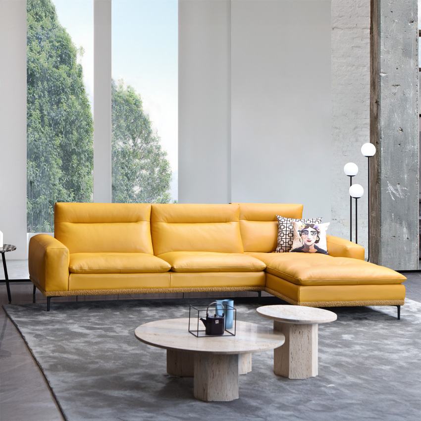 Vita-Yellow Leather Chaise Sofa > 1_가죽소파 | 미라지수입가구